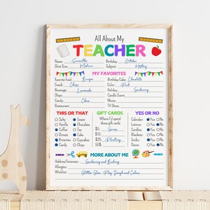 All About My Teacher Questionnaire, Printable Teacher Appreciation Gift ...