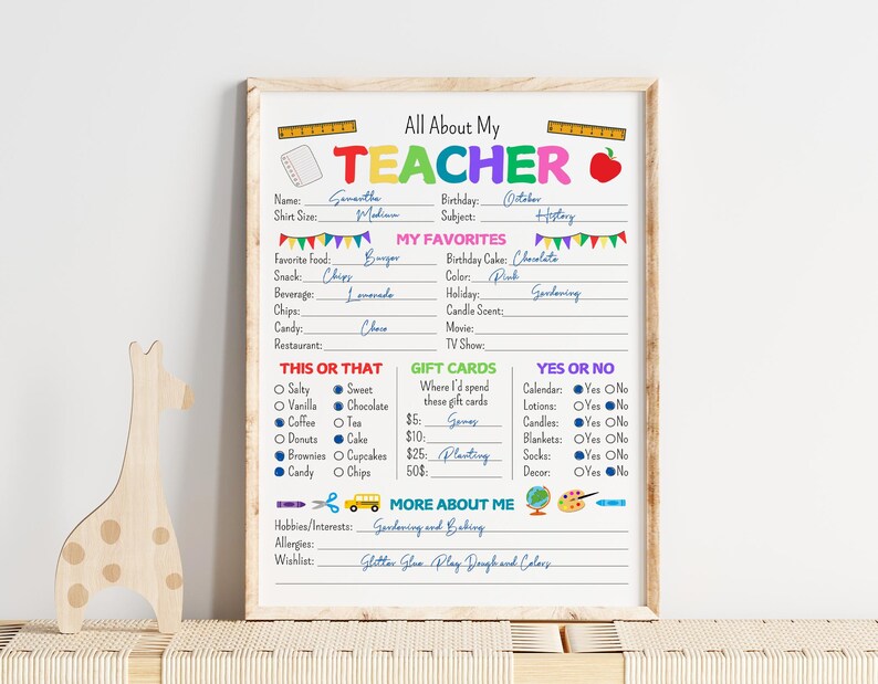 All About My Teacher Questionnaire, Printable Teacher Appreciation Gift ...