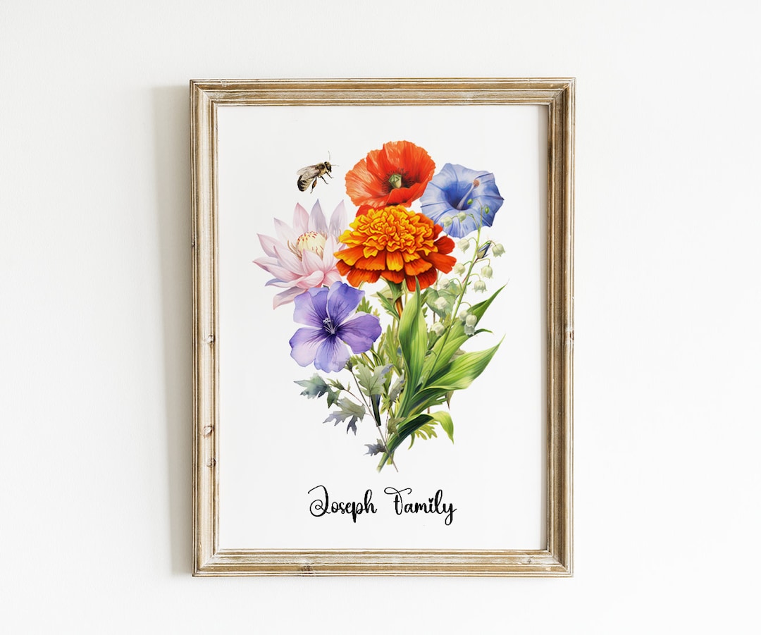 Family Birth Flower Bouquet Custom Flower Art Print Vintage Floral ...
