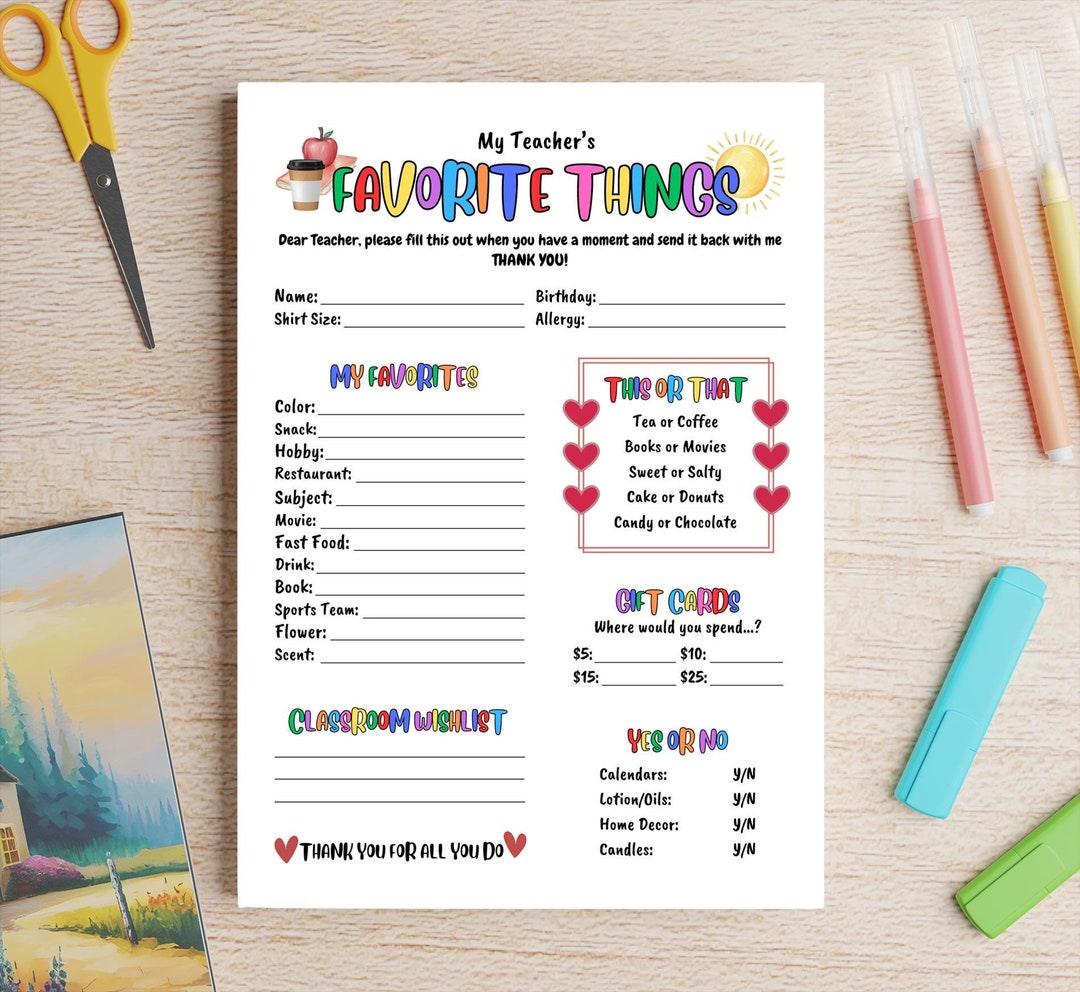 Teacher Favorite Things Questionnaire Printable Teacher Survey Template ...