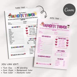 Teacher Favorite Things Questionnaire Printable Teacher Survey Template ...