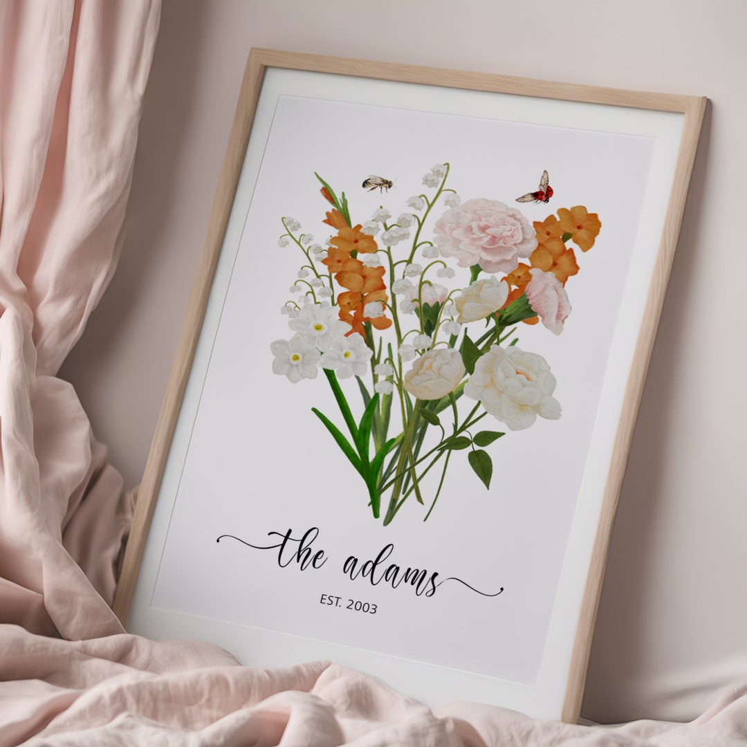 Family Birth Flowers Bouquet Custom Flower Art Vintage Floral Family ...