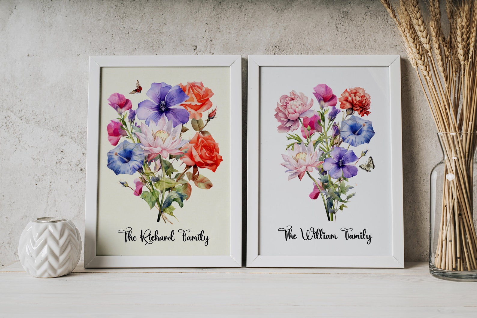 Family Birth Flower Bouquet Custom Flower Art Print Vintage Floral ...