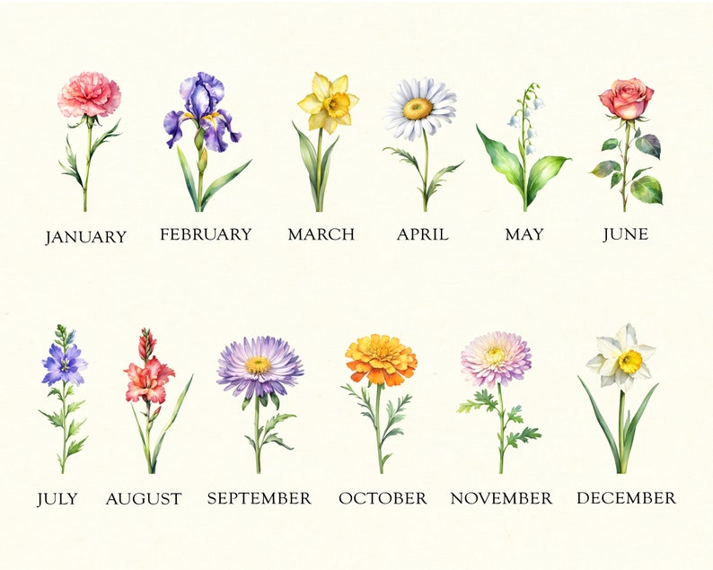 Birth Flower Family Bouquet Birth Month Flower Art Custom Print ...