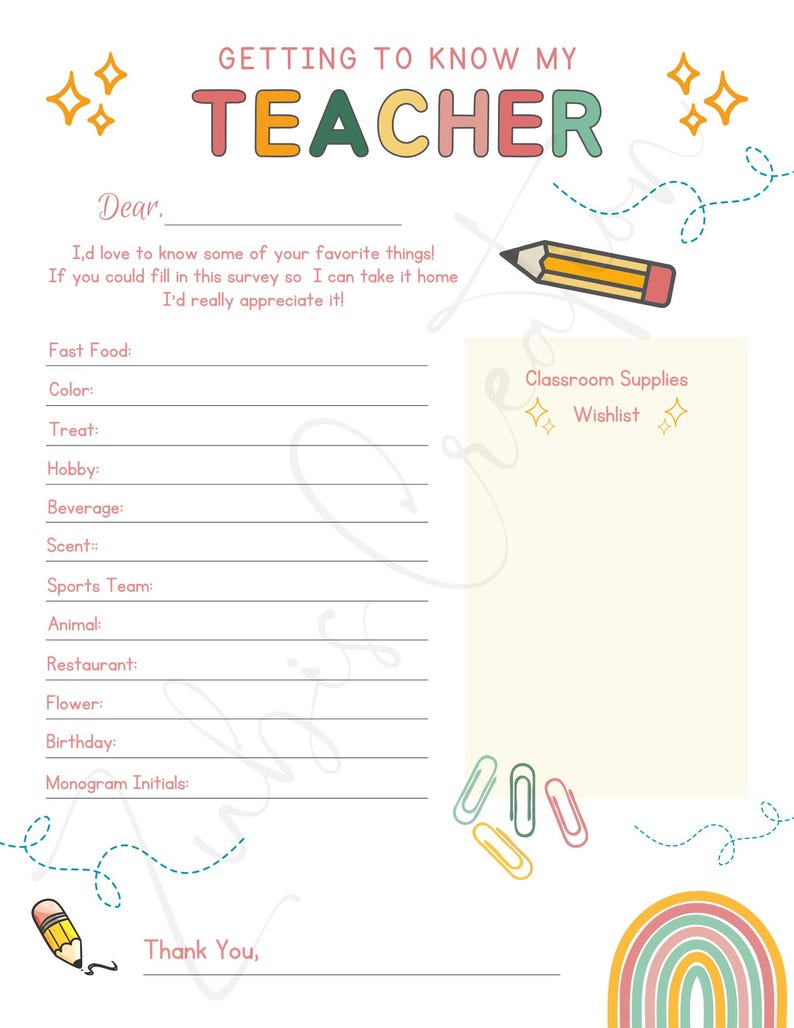 Getting to Know My Teacher Survey Teacher Favorite Things Printable ...