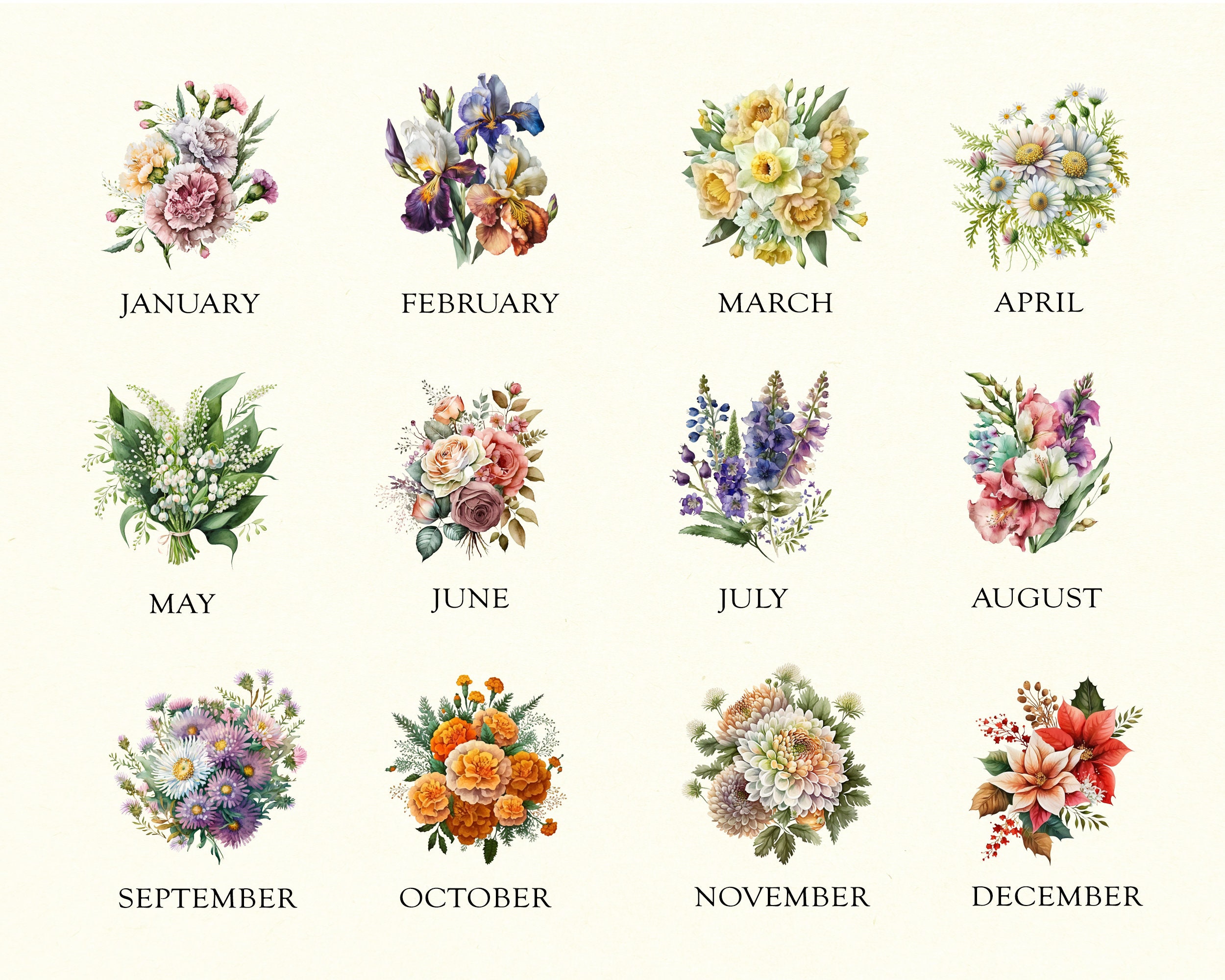 Birth Month Flower Print Floral Wall Art Vintage Flower Printable ...