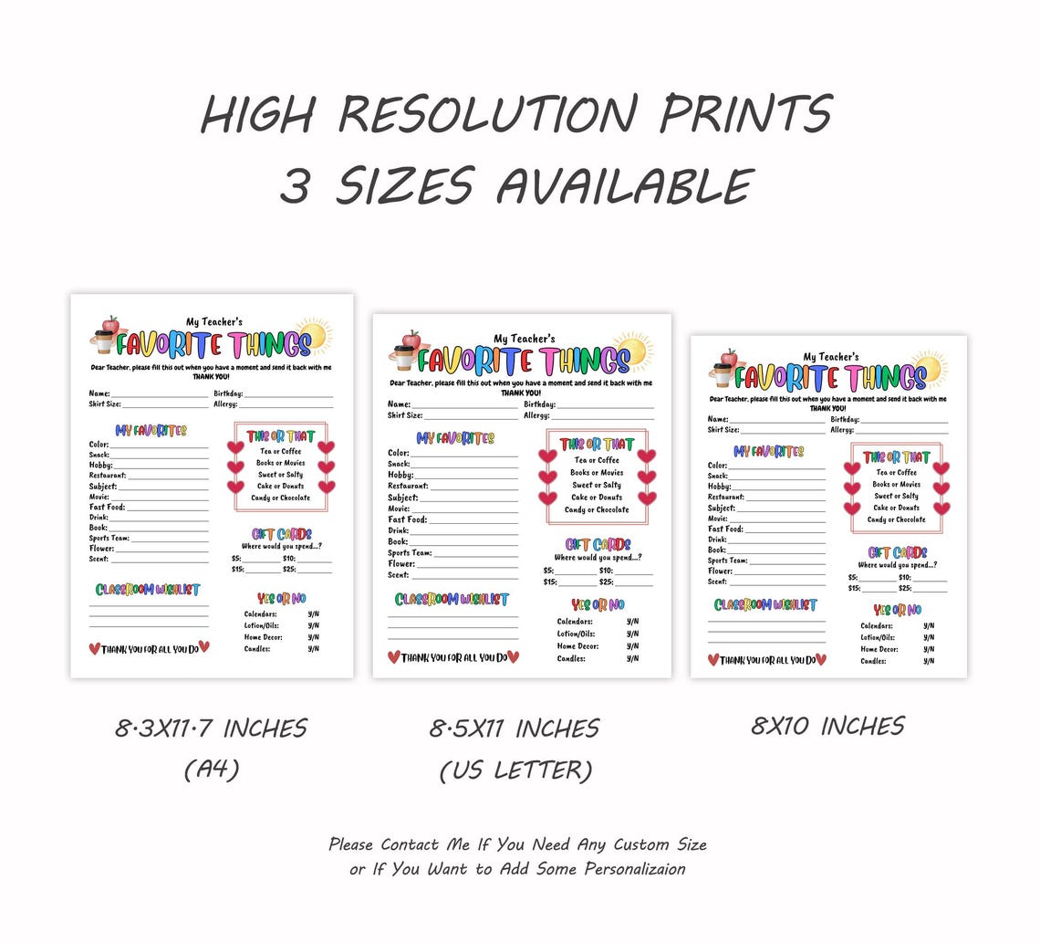 Teacher Favorite Things Questionnaire Printable Teacher Survey Template ...