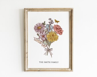 Family Birth Flower Bouquet Custom Flower Art Print Vintage Floral ...