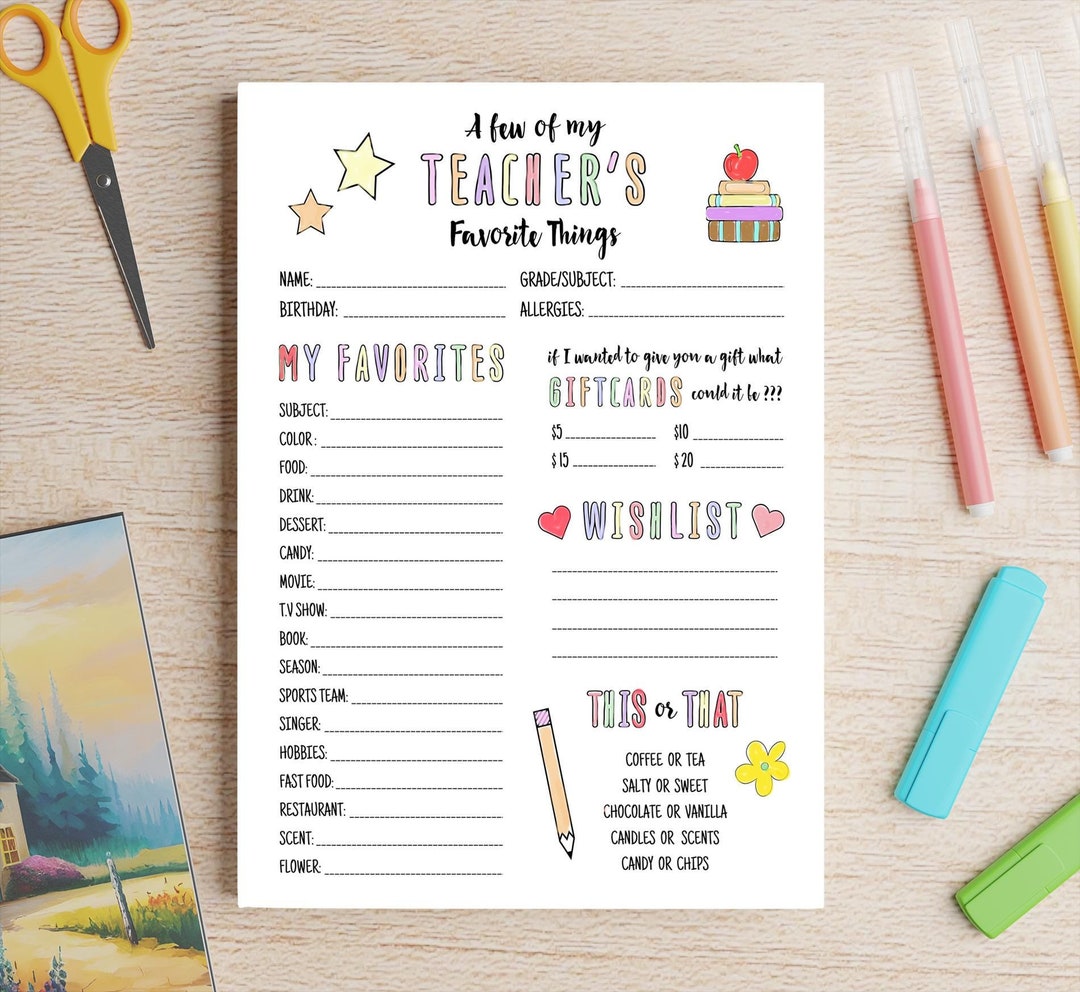 Teacher Favorite Things All About My Teacher Questionnaire Getting to ...