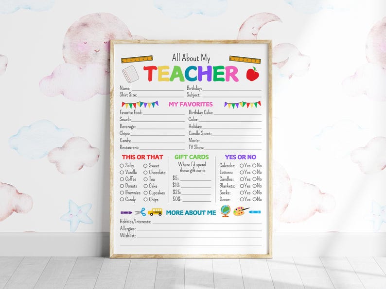 All About My Teacher Questionnaire, Printable Teacher Appreciation Gift ...
