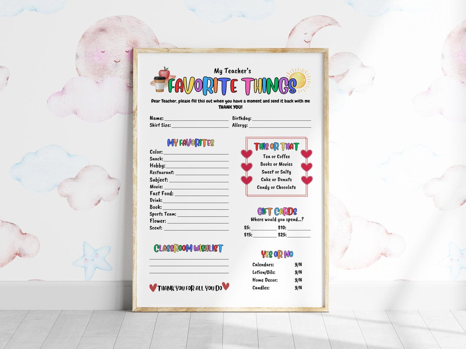 Teacher Favorite Things Questionnaire Printable Teacher Survey Template ...