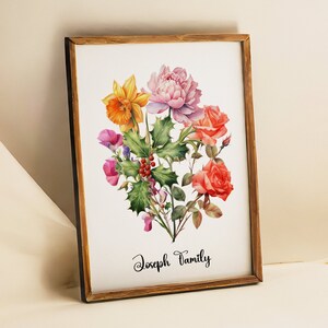 Family Birth Flower Bouquet Custom Flower Art Print Vintage Floral ...