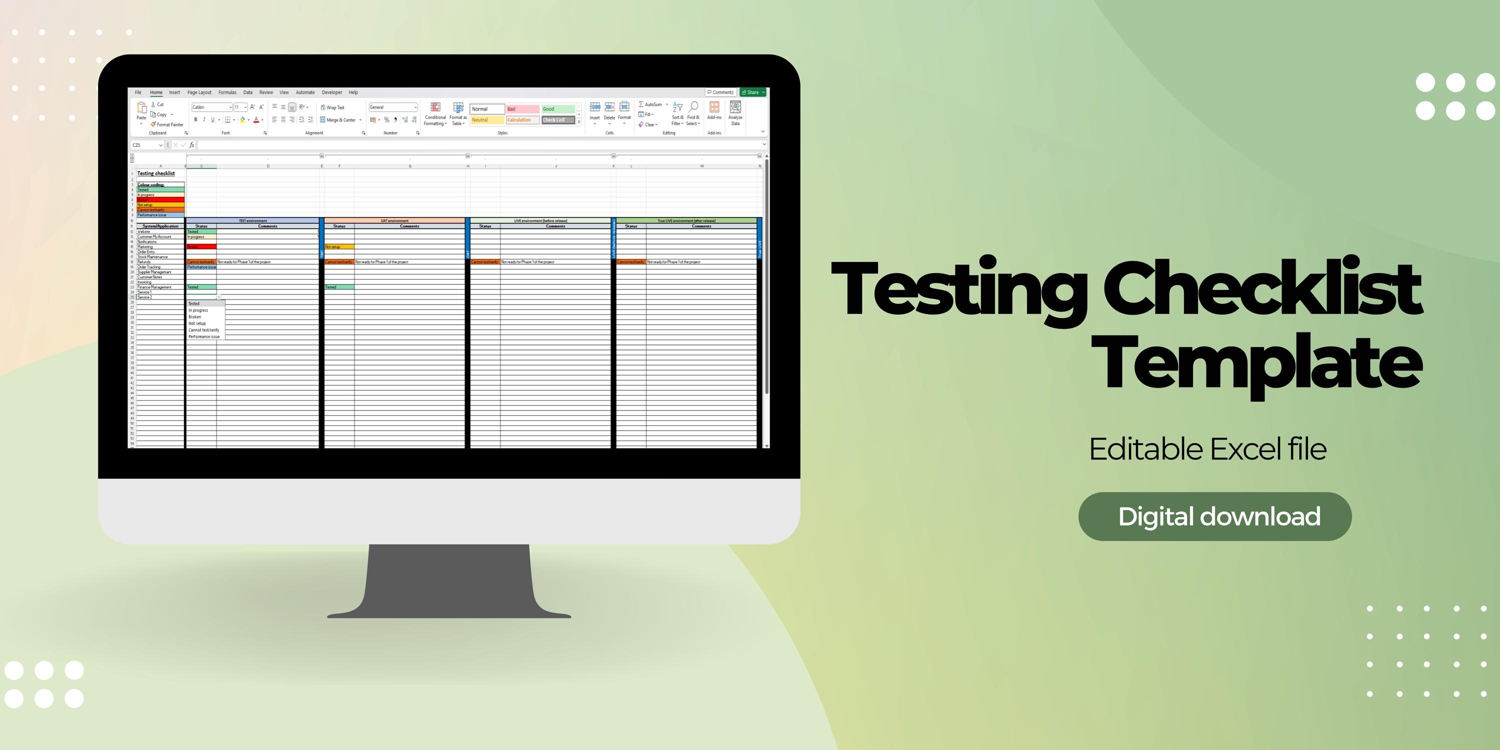 Testing Checklist Template, Digital Download, Excel File - Etsy