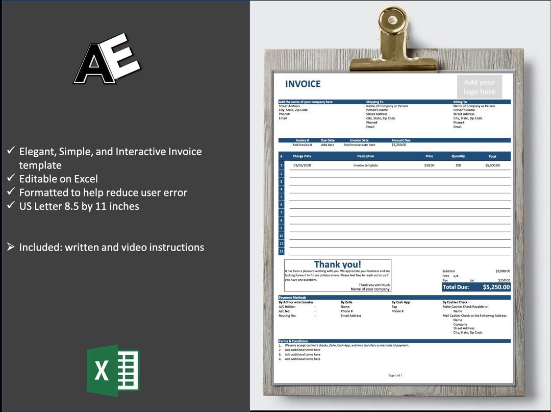 Editable, Customizable, and Interactive Microsoft Excel Invoice ...