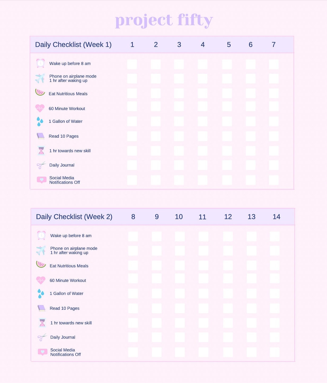 Project 50 Challenge Daily Checklist Tracker Cute Aesthetic - Etsy