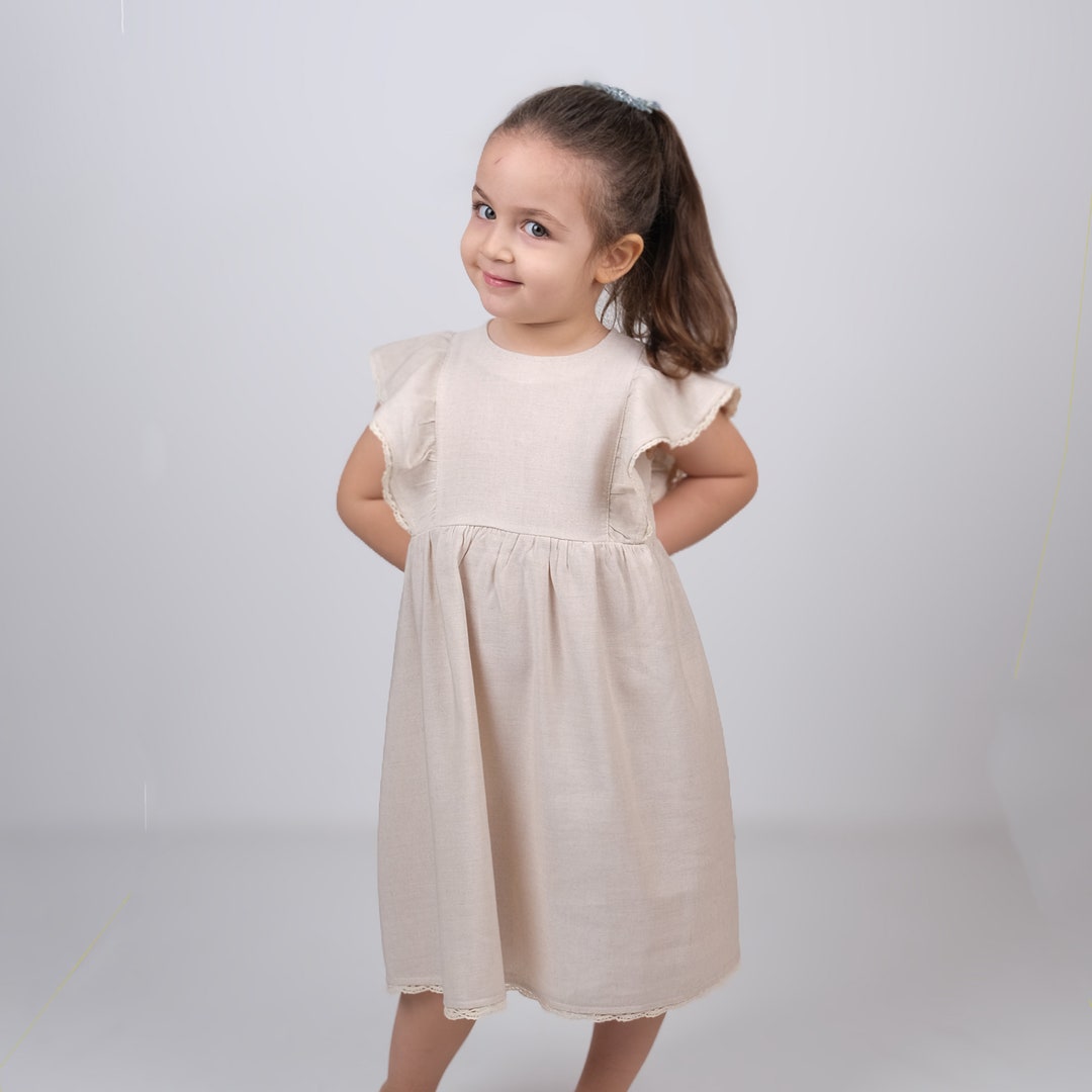 Beige Linen Girl Dress With Ruffles , Baby Girl First Birthday Dress ...