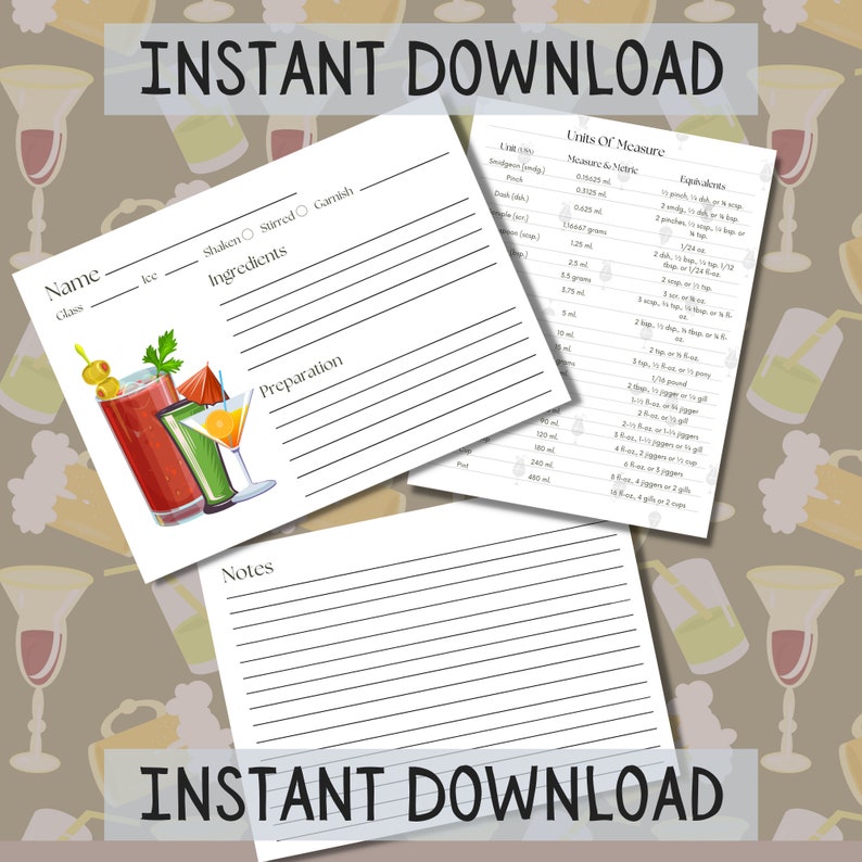 Cocktail Recipe Card Printable Blank Drink Recipe Card - Etsy