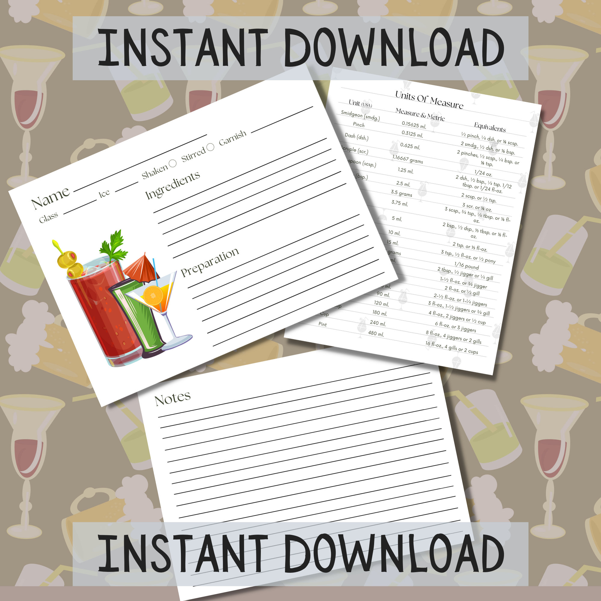 Cocktail Recipe Card| Printable Blank Drink Recipe Card| Holiday Drink ...