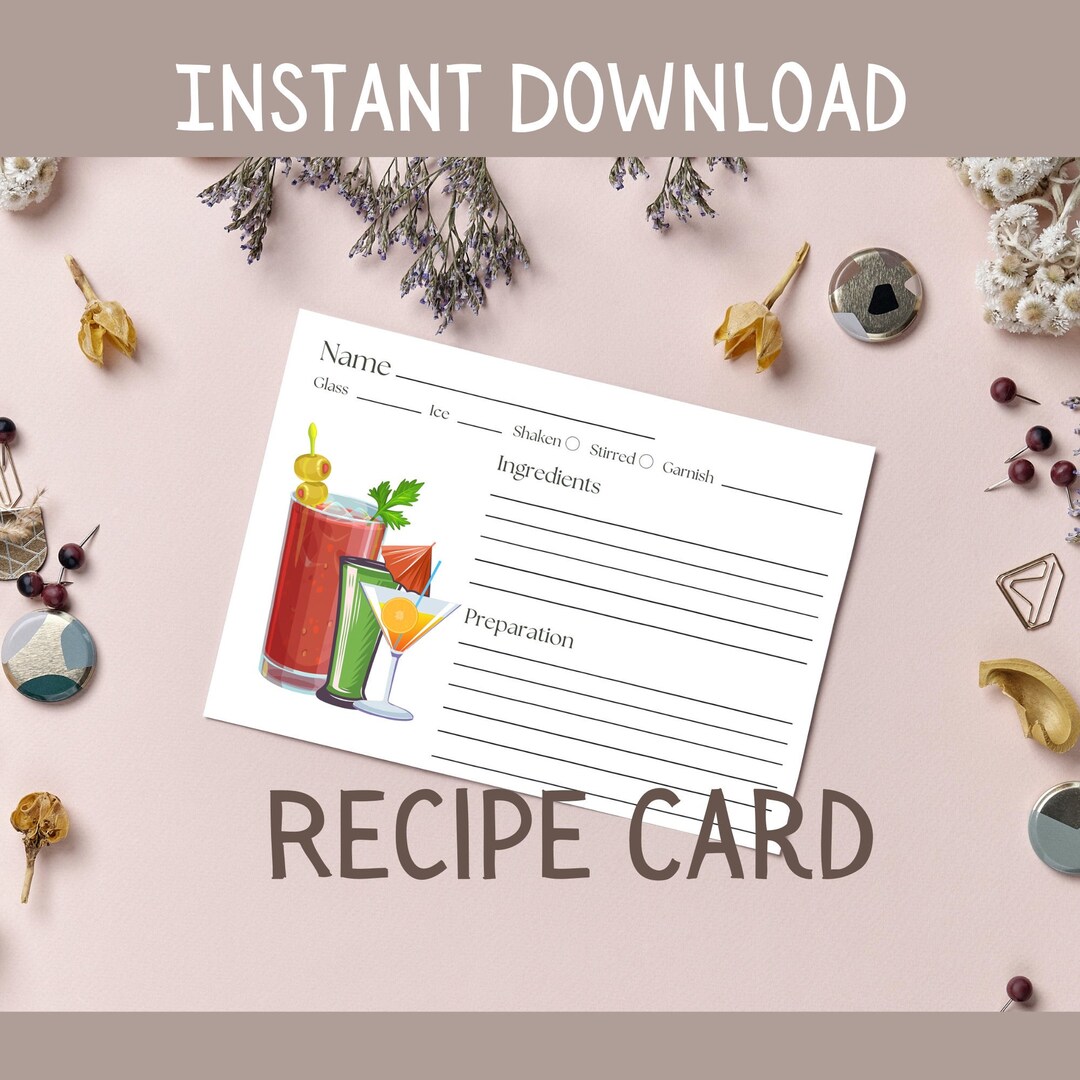 Cocktail Recipe Card| Printable Blank Drink Recipe Card| Holiday Drink ...