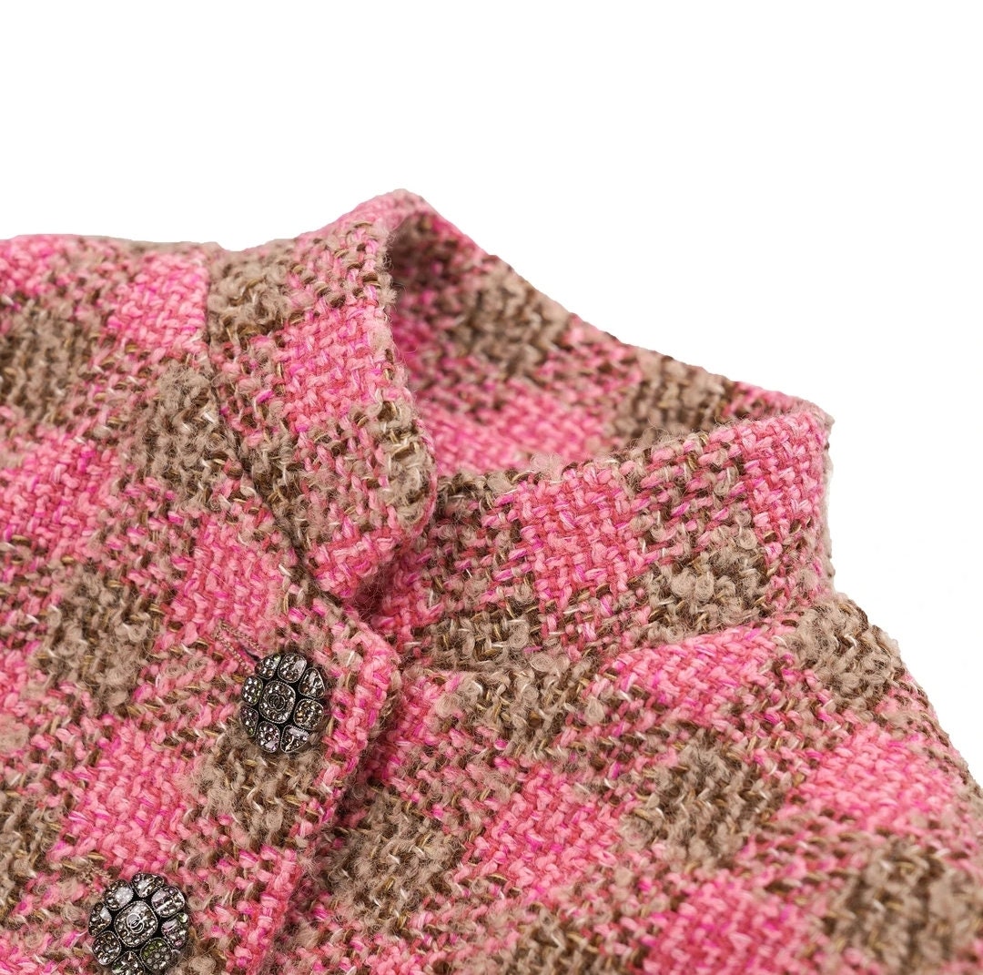 Handmade Tweed Boucle Pink Check Pattern Jacket With Sparkle Button - Etsy