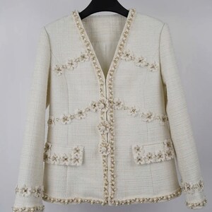 Handmade Tweed Boucle 3D Ivory Floral Jacket With Pearls Metallic ...