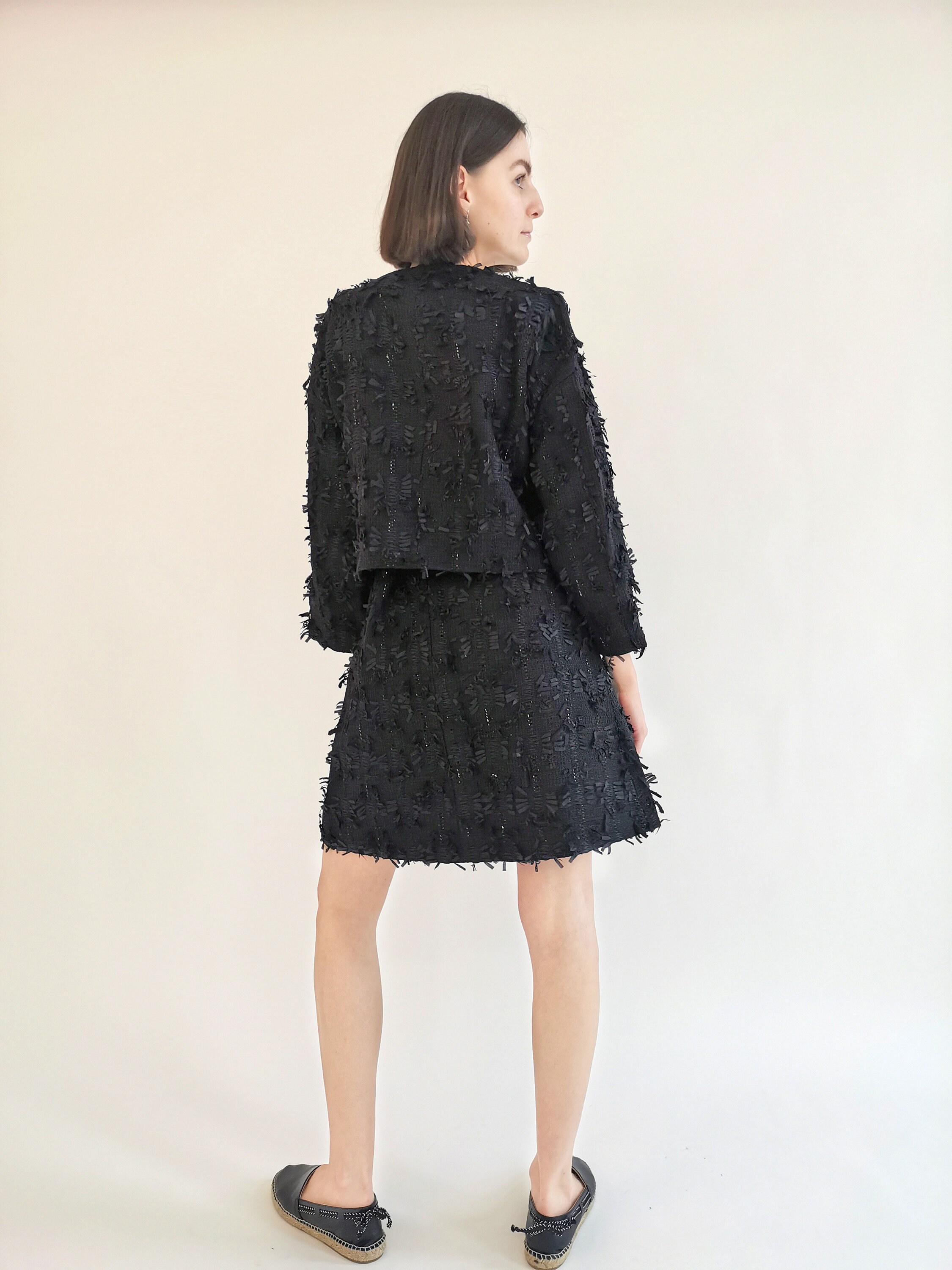 Handmade Tweed Boucle Fringe Co Ord Set With Sparkle Button Size L(uk10 ...