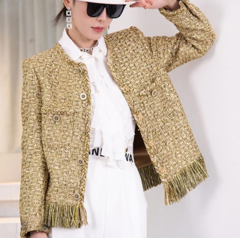 Handmade Tweed Boucle Gold Metallic Jacket With Fringe Trim - Etsy