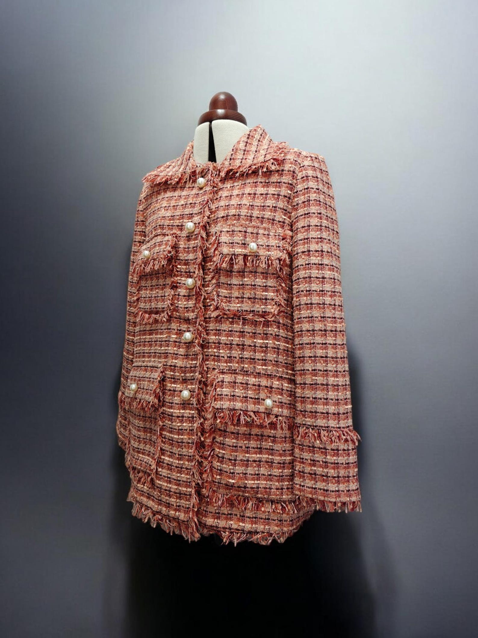 Handmade Tweed Boucle Multi Red Checked Jacket With Pearl Button - Etsy