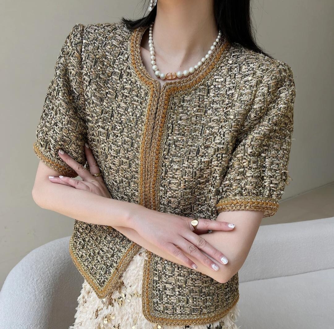 Handmade Tweed Boucle Metallic Gold Short Sleeved Jacket - Etsy