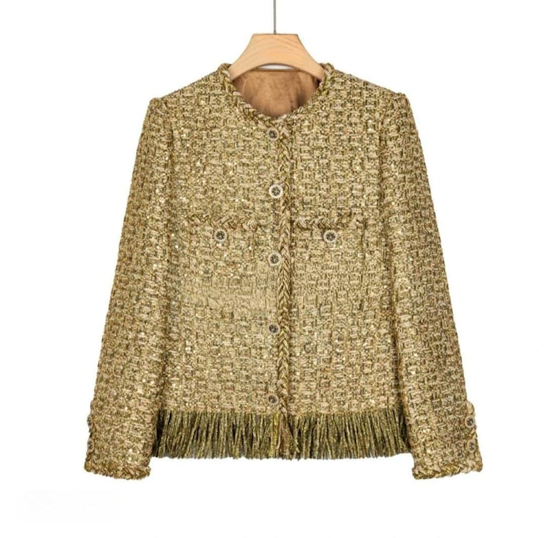 Handmade Tweed Boucle Gold Metallic Jacket With Fringe Trim - Etsy