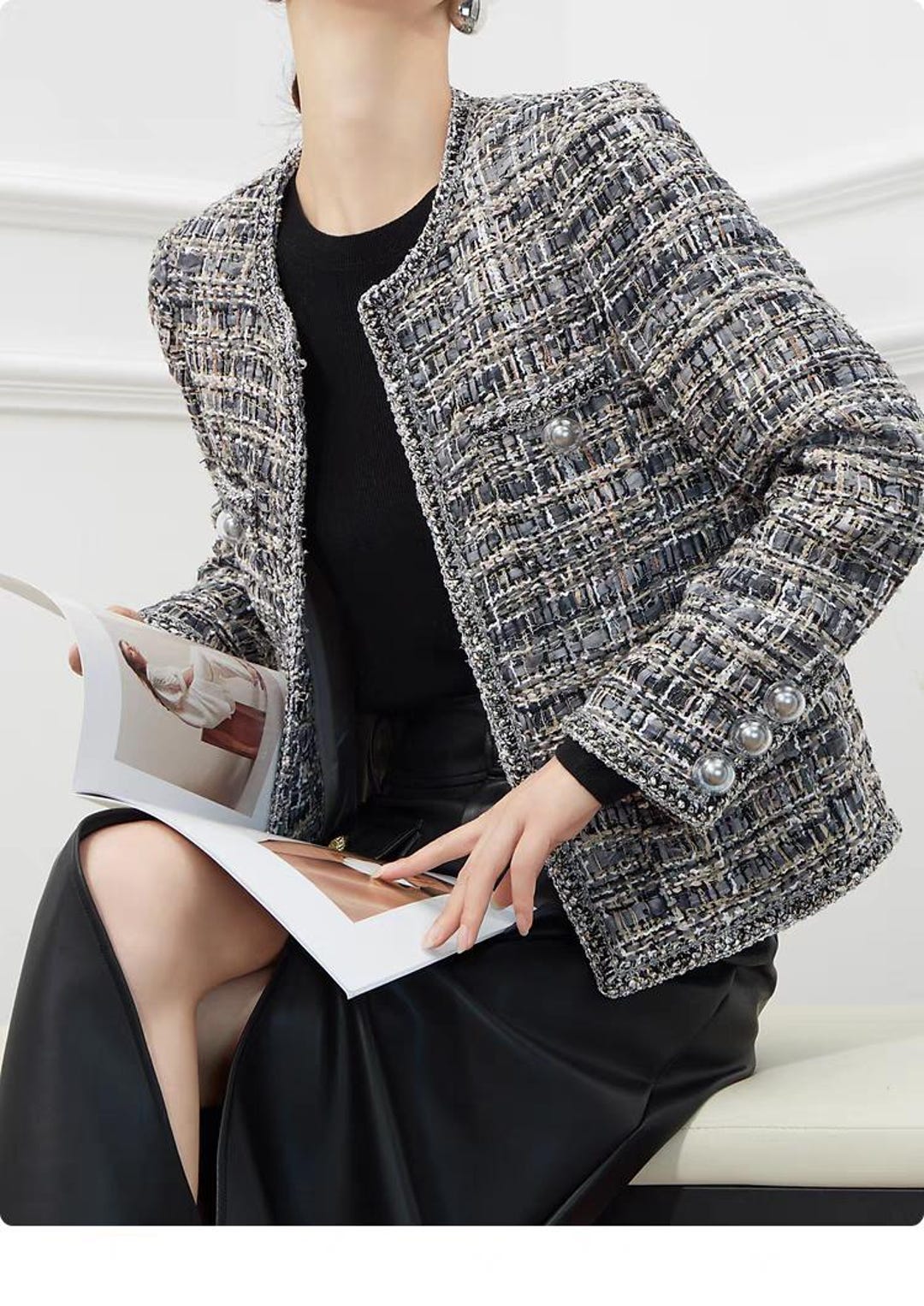 Handmade Tweed Boucle Multi Grey Jacket With Resin Button Silver Trim ...