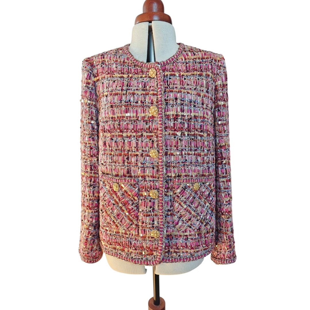 Handmade Pink Tweed Bouclé Jacket Vintage Inspired Gold Button Blazer