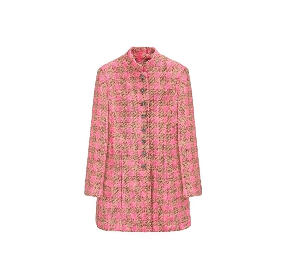 Handmade Tweed Boucle Pink Check Pattern Jacket With Sparkle Button - Etsy