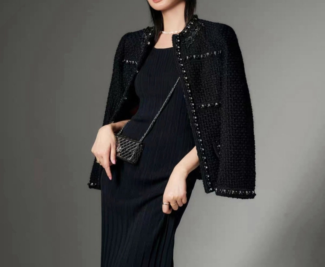 Handmade Tweed Boucle Heavy Embroidery Black Wool Jacket Floral Pattern ...