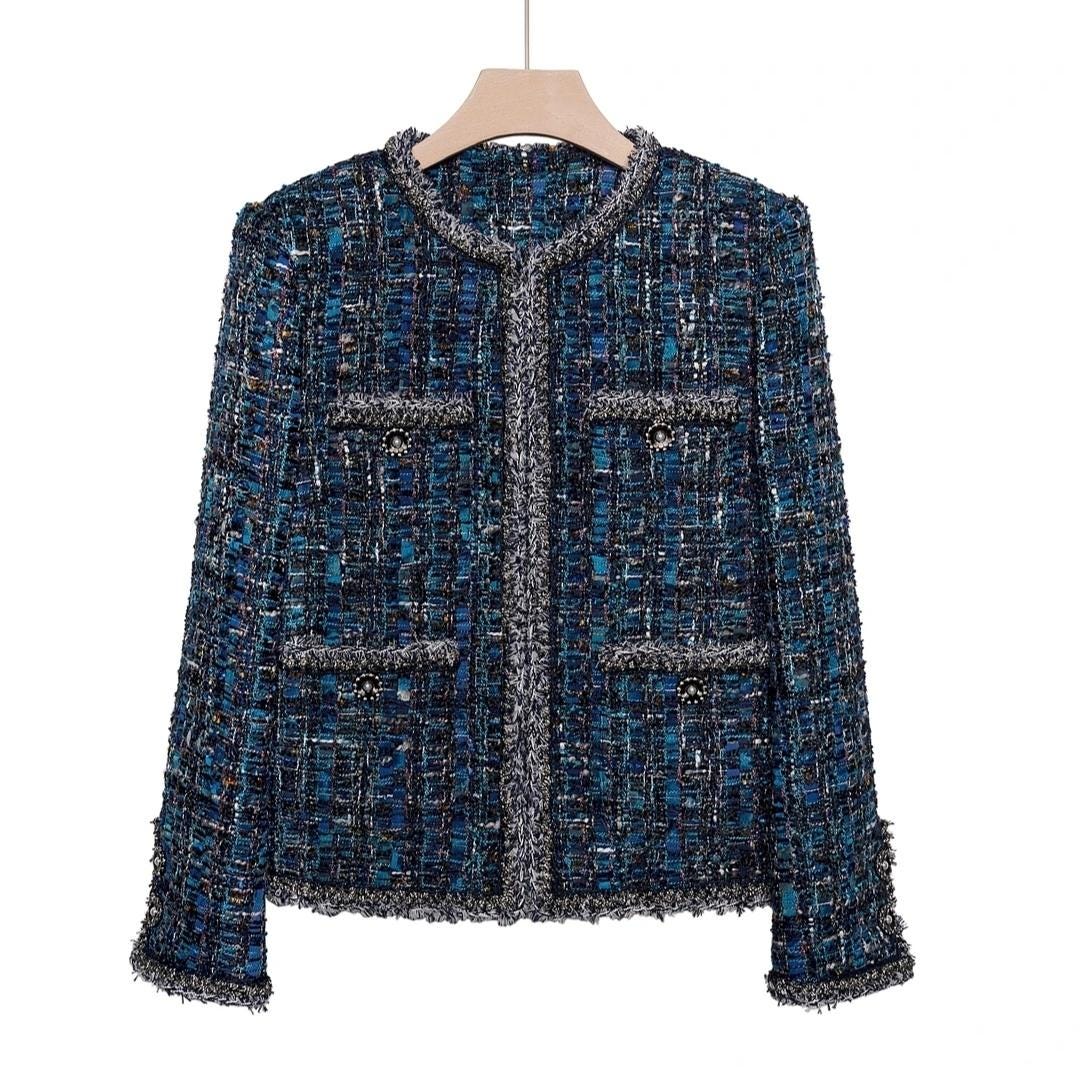 Handmade Tweed Boucle Multi Blue Jacket With Floral Button - Etsy