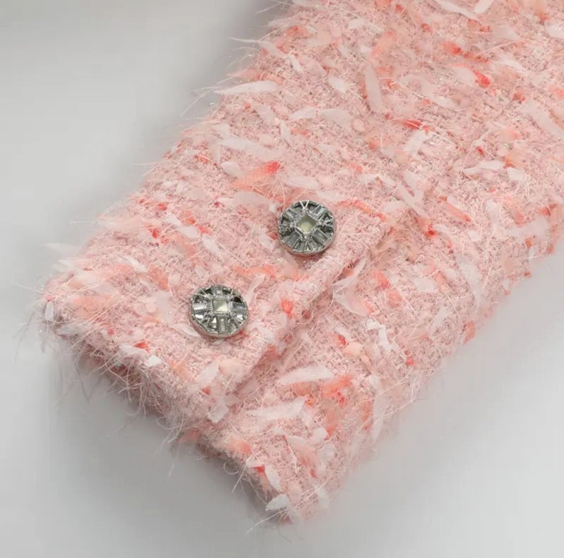 Handmade Tweed Boucle Pink Jacket With Fluffy Knitted Fringes - Etsy