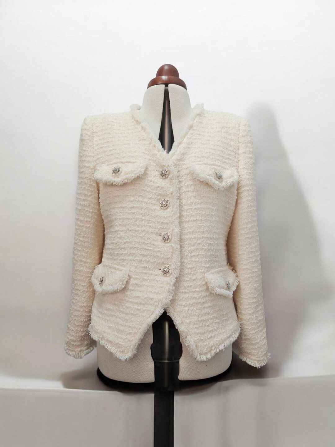 Handmade Tweed Boucle Ivory Textured V Neck Jacket With Diamond Snowy ...