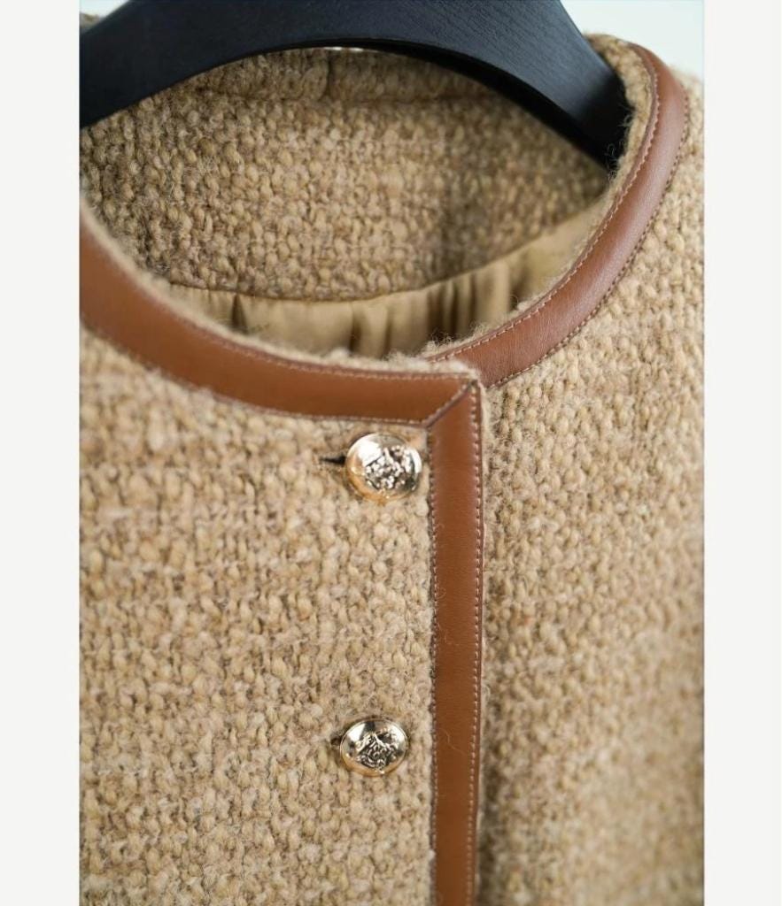 Handmade Tweed Boucle Camel Wool Jacket: Leather Trim - Etsy