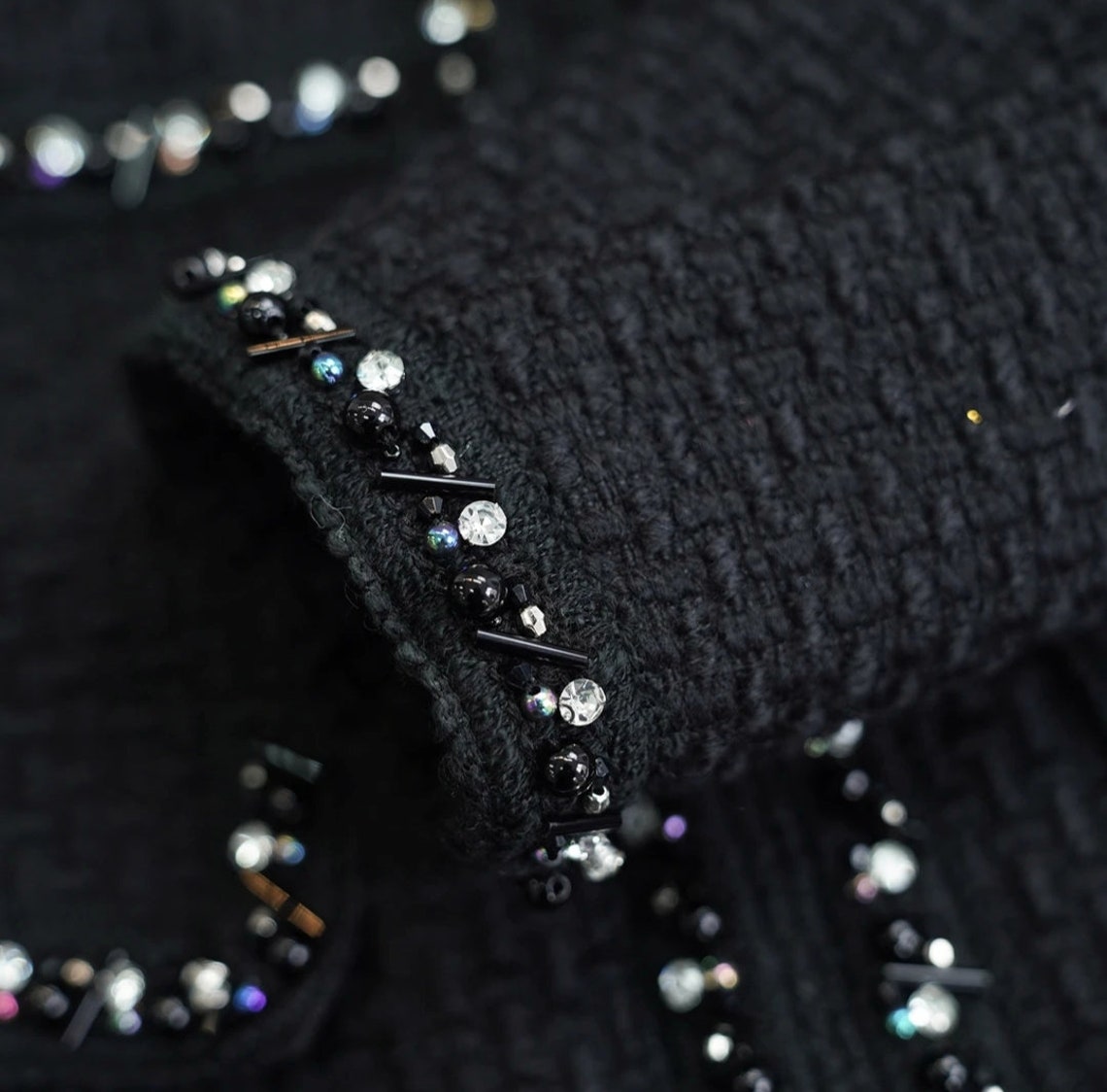 Handmade Tweed Boucle Heavy Embroidery Black Wool Jacket Floral Pattern ...