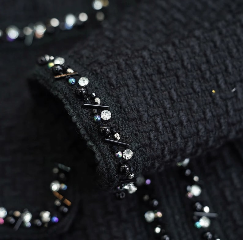 Handmade Tweed Boucle Heavy Embroidery Black Wool Jacket Floral Pattern ...