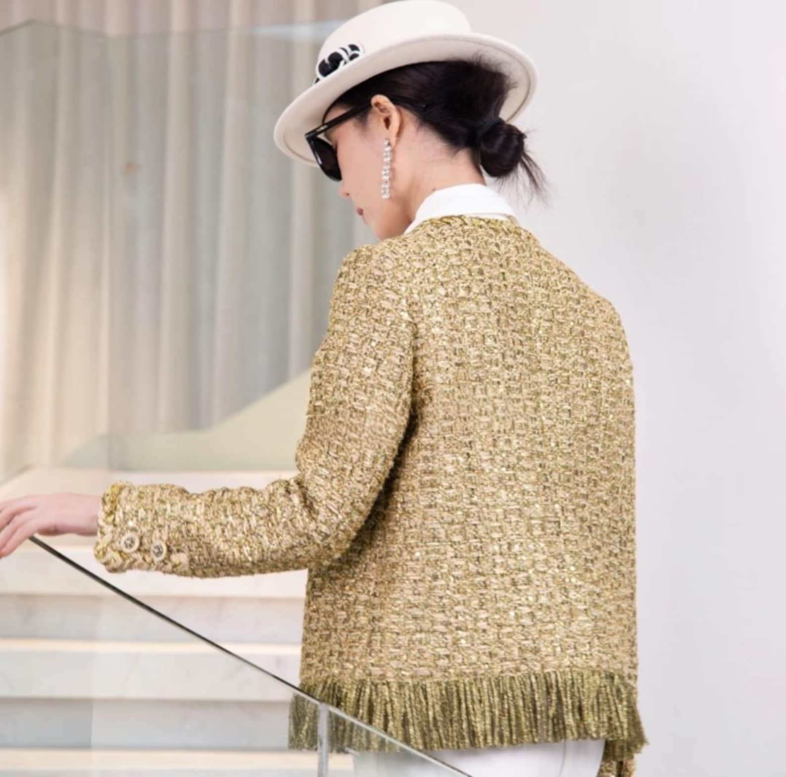 Handmade Tweed Boucle Gold Metallic Jacket With Fringe Trim - Etsy