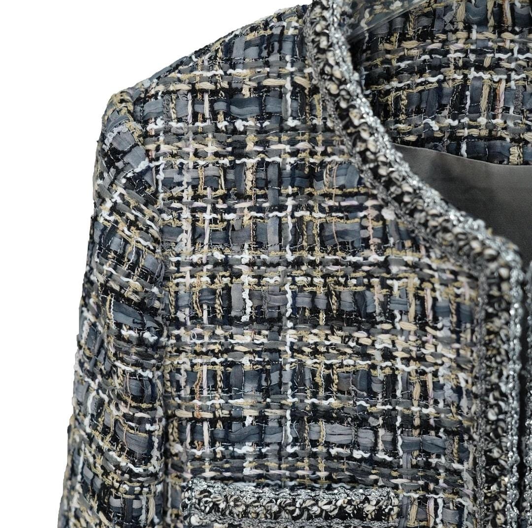 Handmade Tweed Boucle Multi Grey Jacket With Resin Button Silver Trim ...
