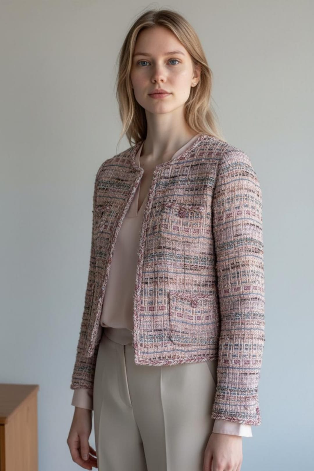 Elegant Pink Tweed Jacket With Gold Hardware Detail Handmade Boucle