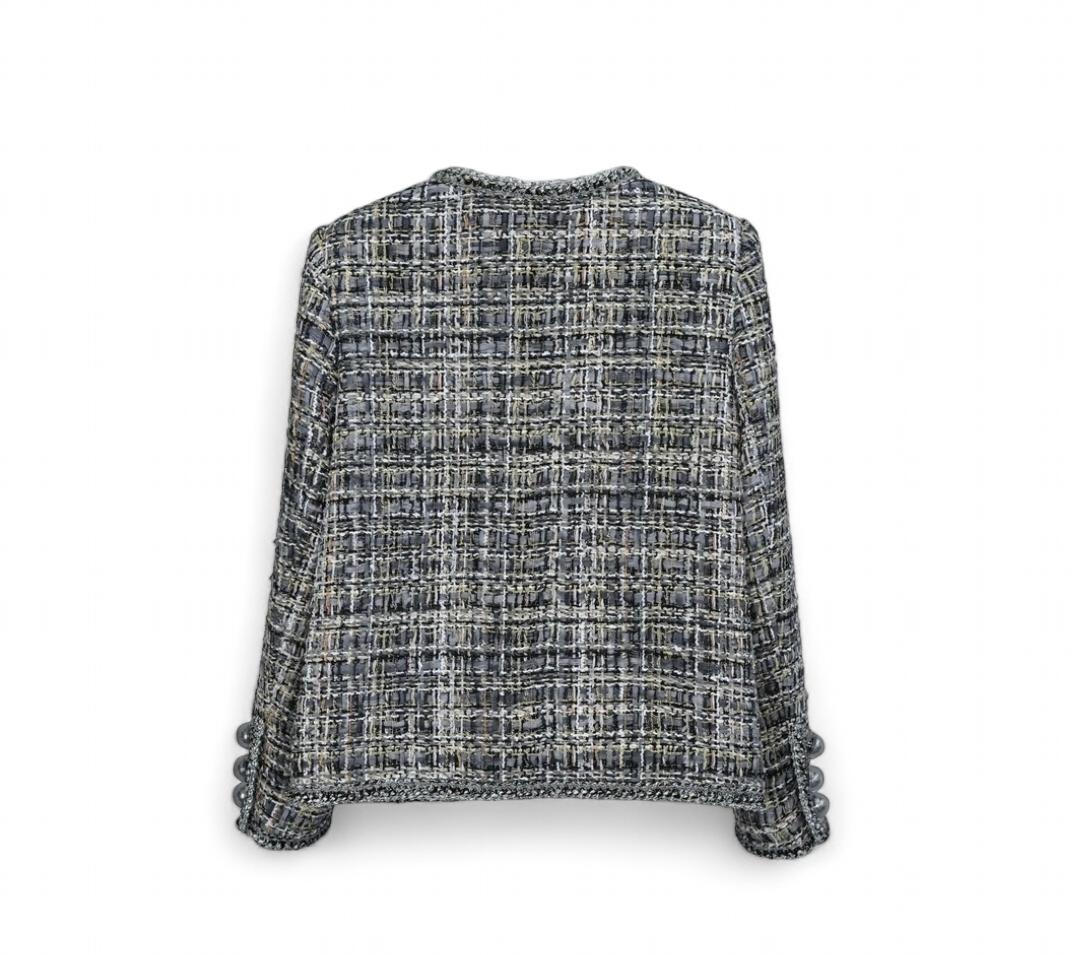 Handmade Tweed Boucle Multi Grey Jacket With Resin Button Silver Trim ...