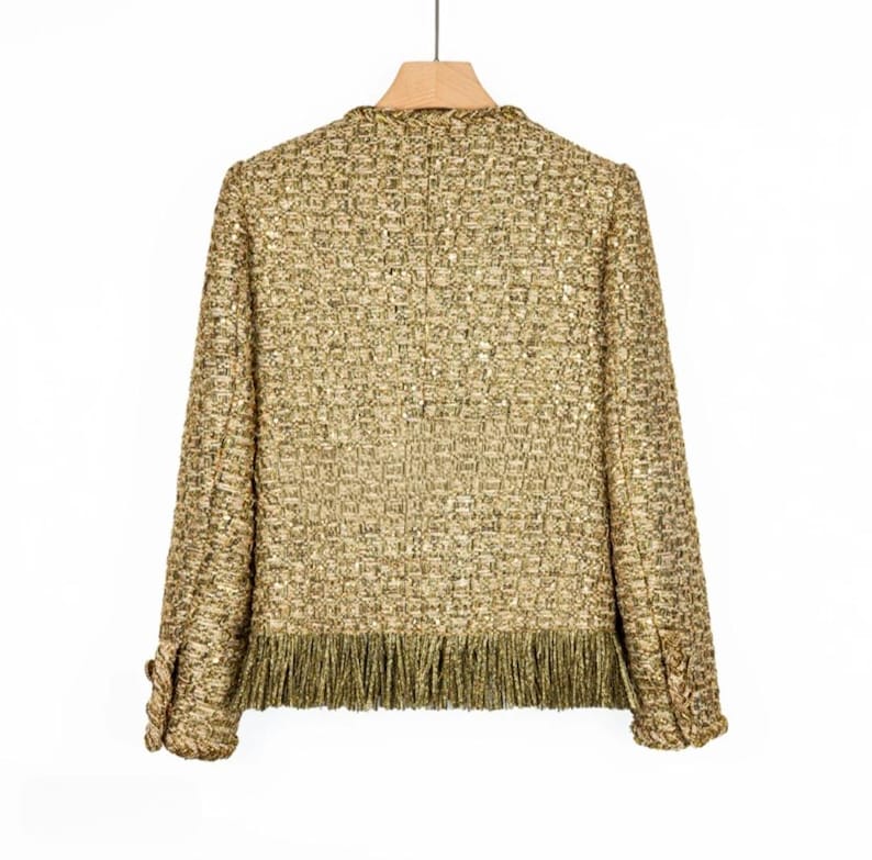 Handmade Tweed Boucle Gold Metallic Jacket With Fringe Trim - Etsy