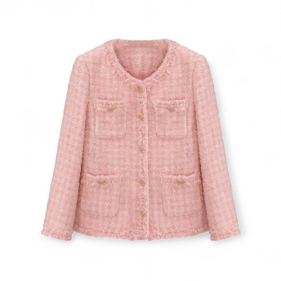 Handmade Tweed Boucle Jacket Heavy Wool Pink Coat With Gold Buttons Etsy