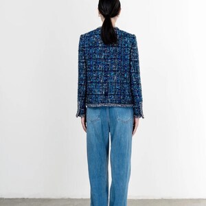 Handmade Tweed Boucle Multi Blue Jacket With Floral Button - Etsy