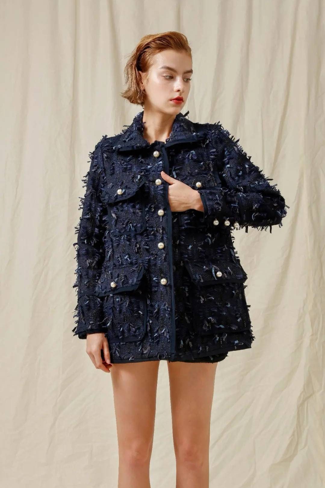Handmade Tweed Boucle Navy Jacket With Fringe Uniqle Design Size Xluk14 ...