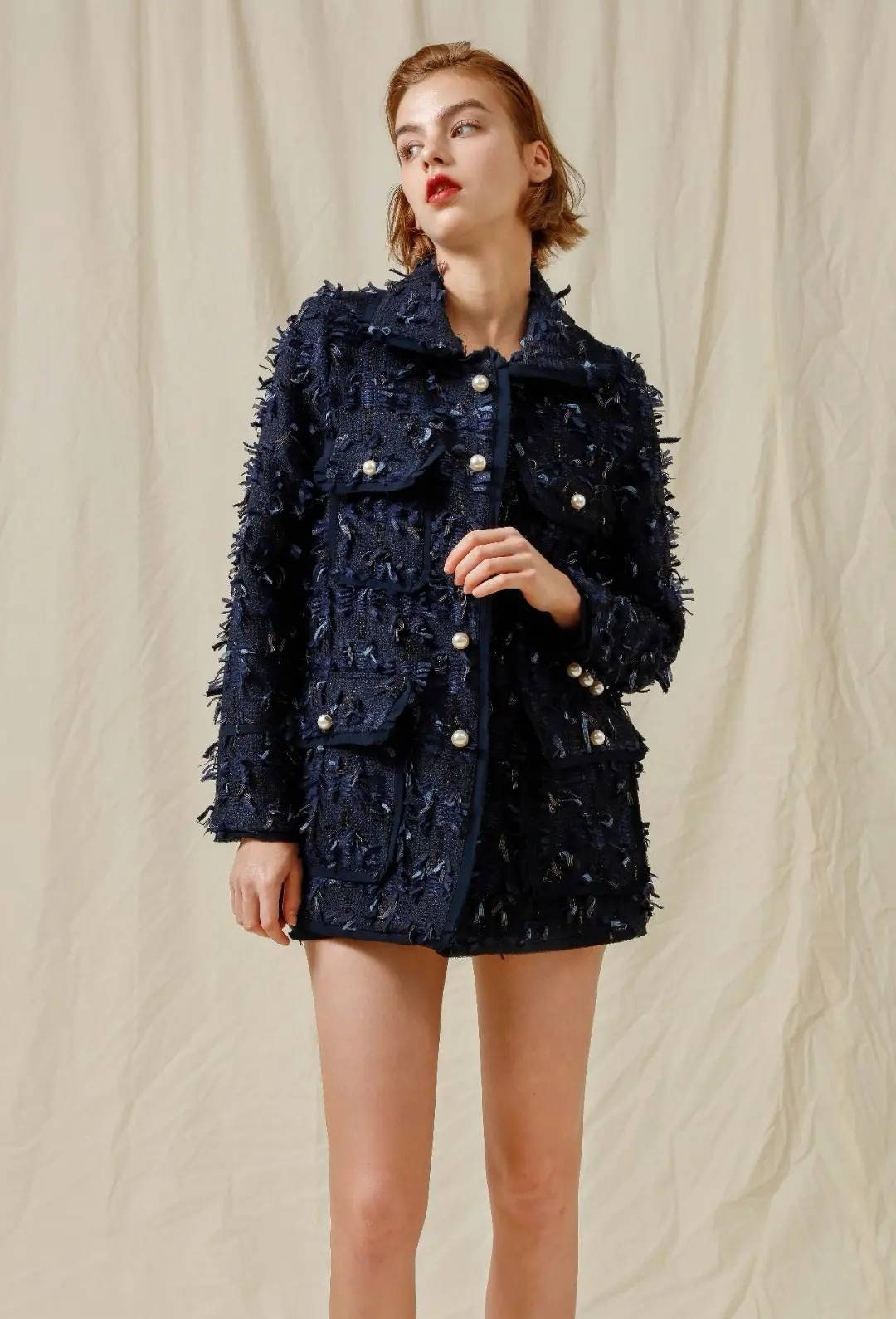 Handmade Tweed Boucle Navy Jacket With Fringe Uniqle Design Size Xluk14 ...