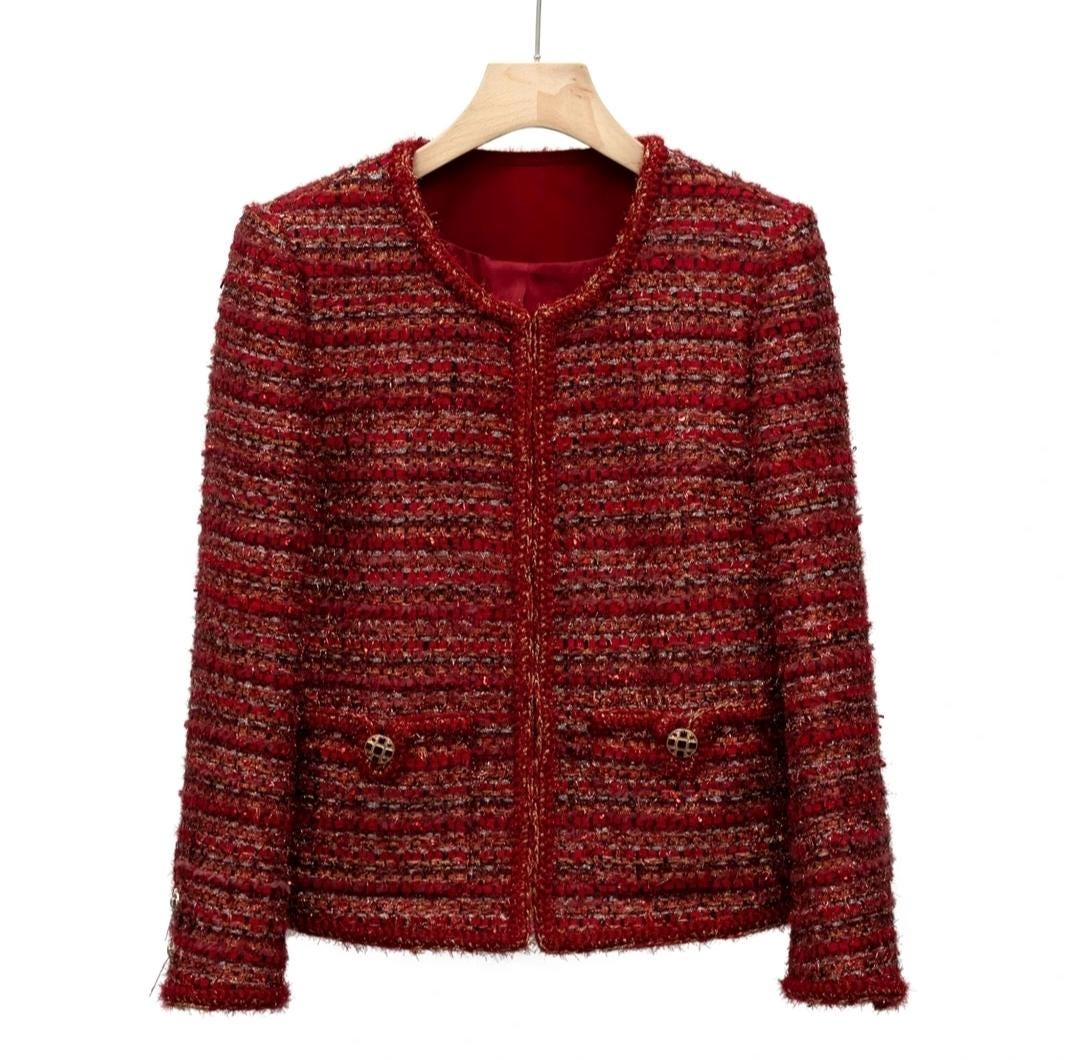 Handmade Tweed Boucle Ruby Red Jacket With Gem Button - Etsy